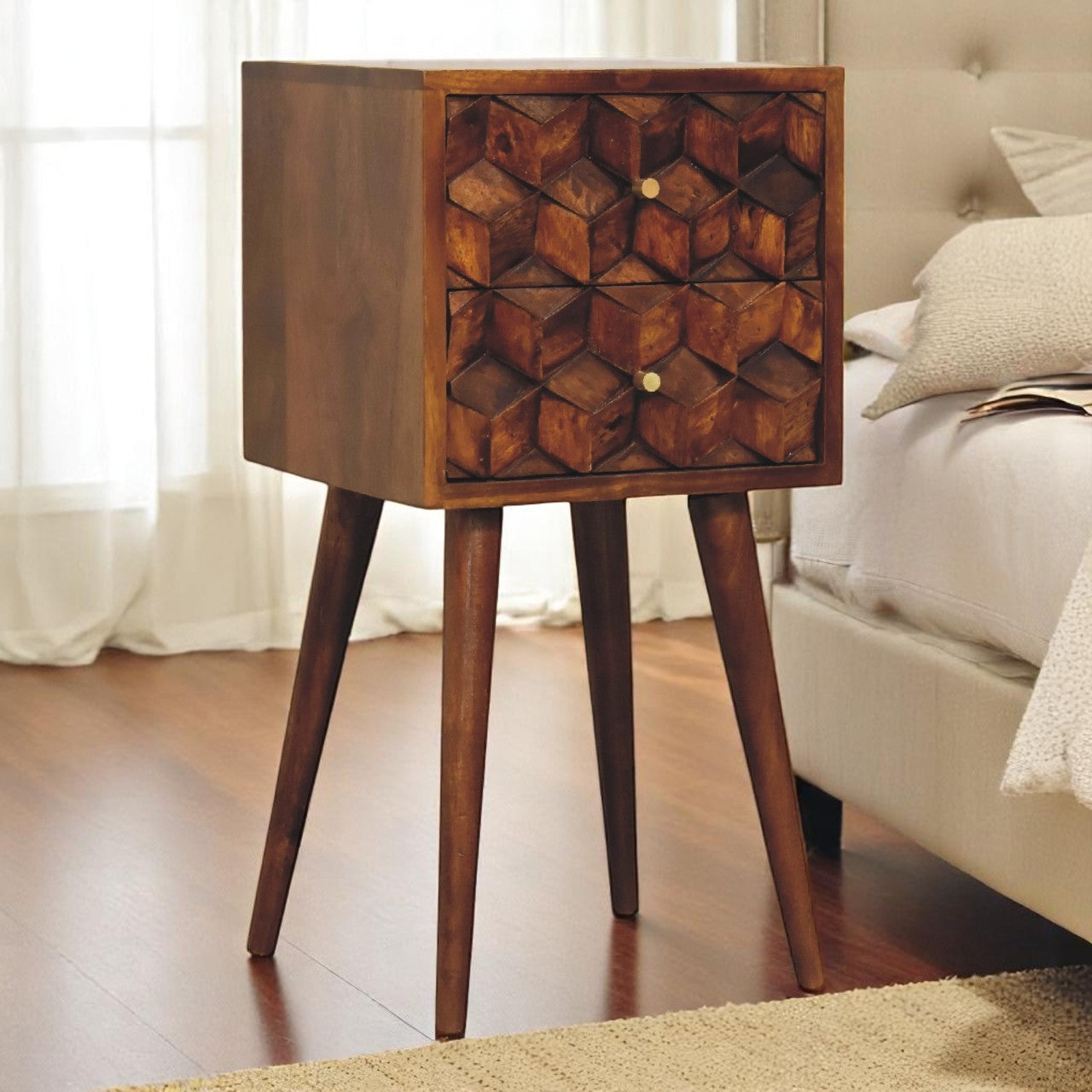 Mini Chestnut Cube Nightstand With 2 Drawers – Stylish, Compact Storag