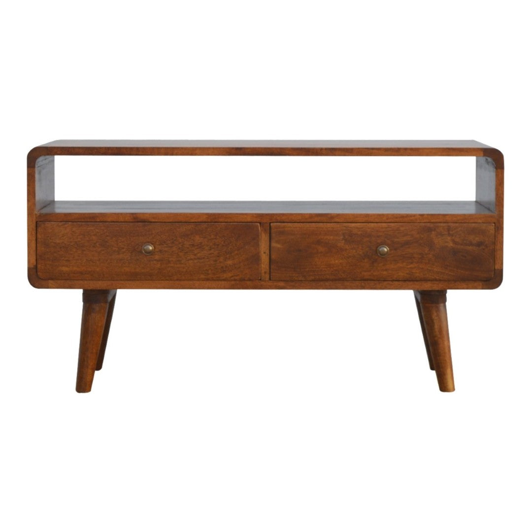 Solid Mango Wood Curved Media Unit With Chestnut Finish, 2 Drawers & O