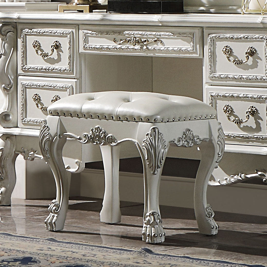 Champagne Bone White Tufted Vanity Stool With Button Detailing, Plush