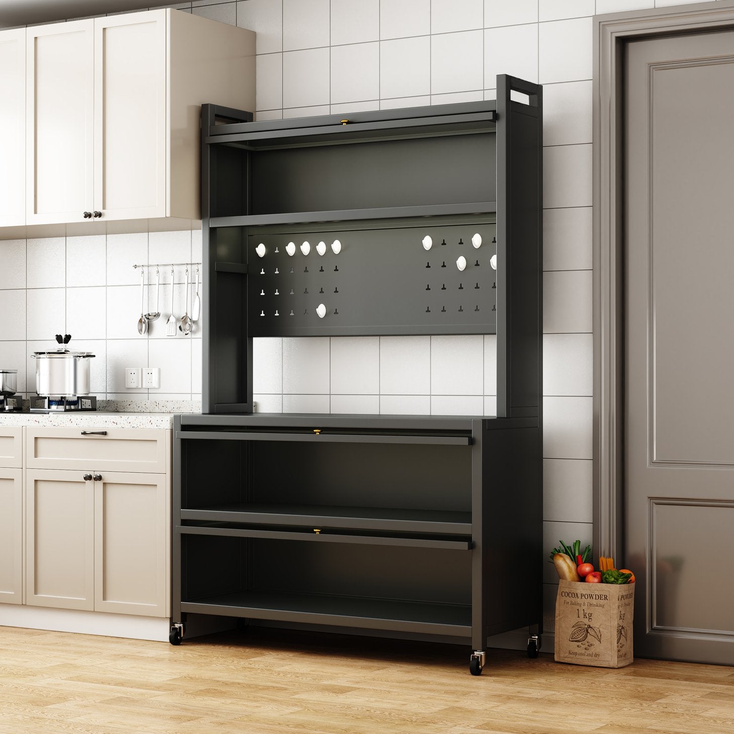 Metal Bakers Rack Countertop Organizer Cabinet With Lockable Doors, 25