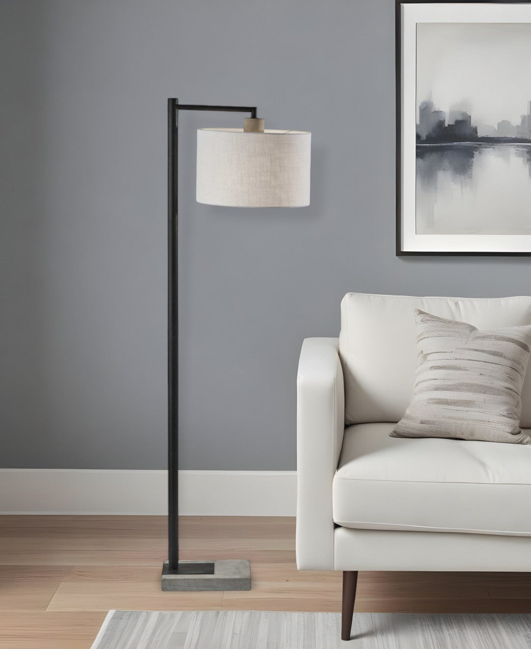 61" Stylish Arc Floor Lamp with White Fabric Shade - Modern Industrial