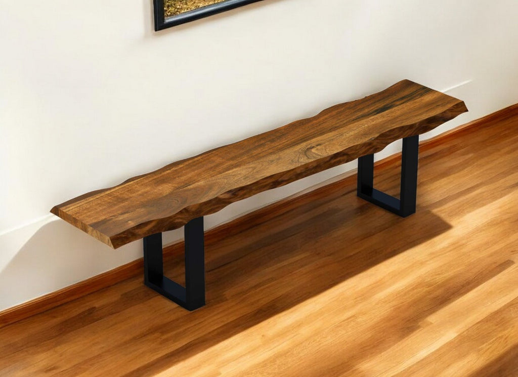 68" Brown and Black Live Edge Solid Wood Dining Bench with Geometric M ...
