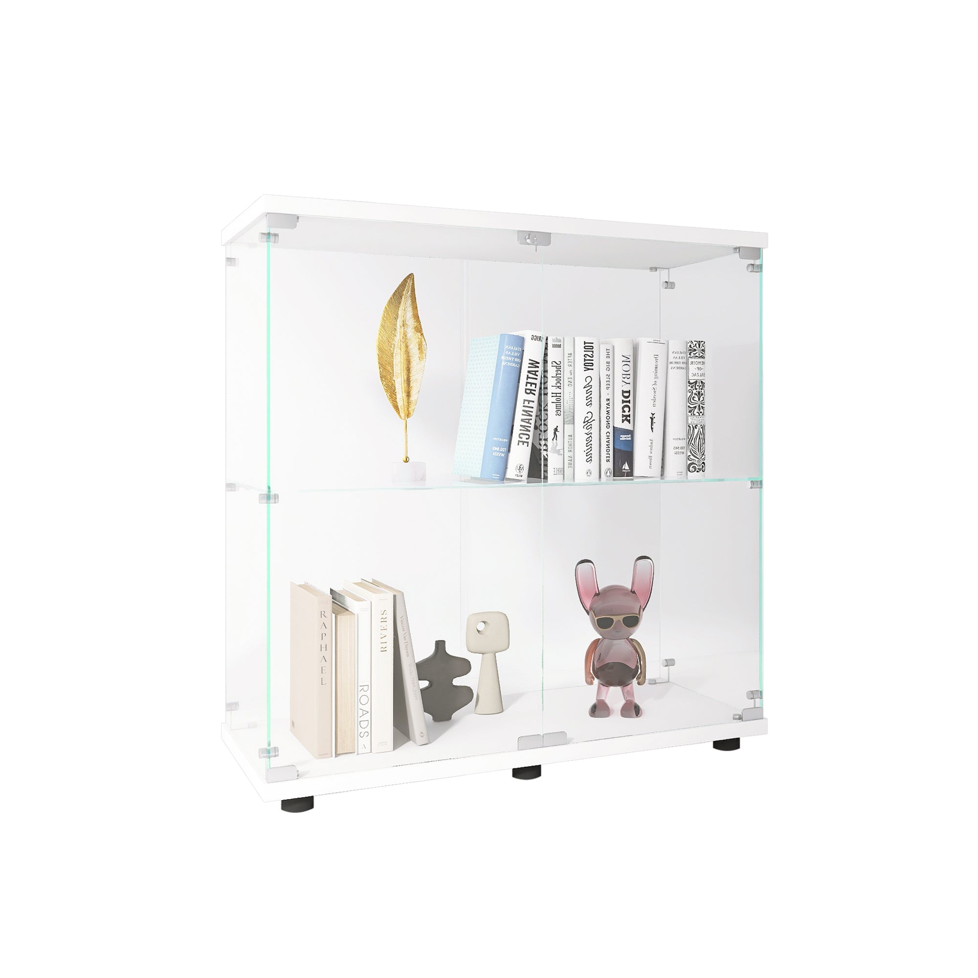 2 Layer Glass Display Cabinet with Locked Tempered Glass, MDF Base, Se