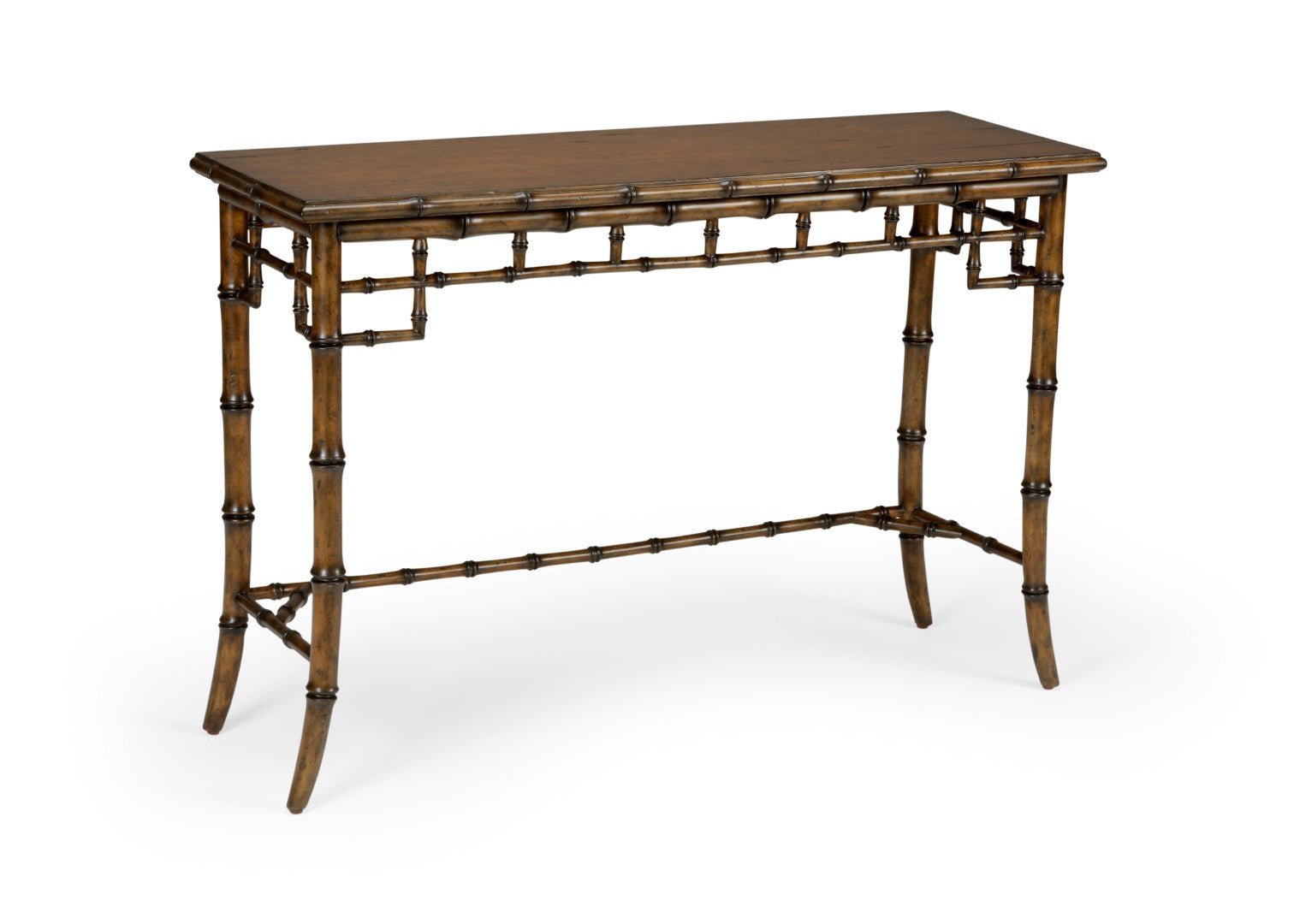 Bamboo Asian-Inspired Walnut Console Table With Rattan Apron, Slim Dep