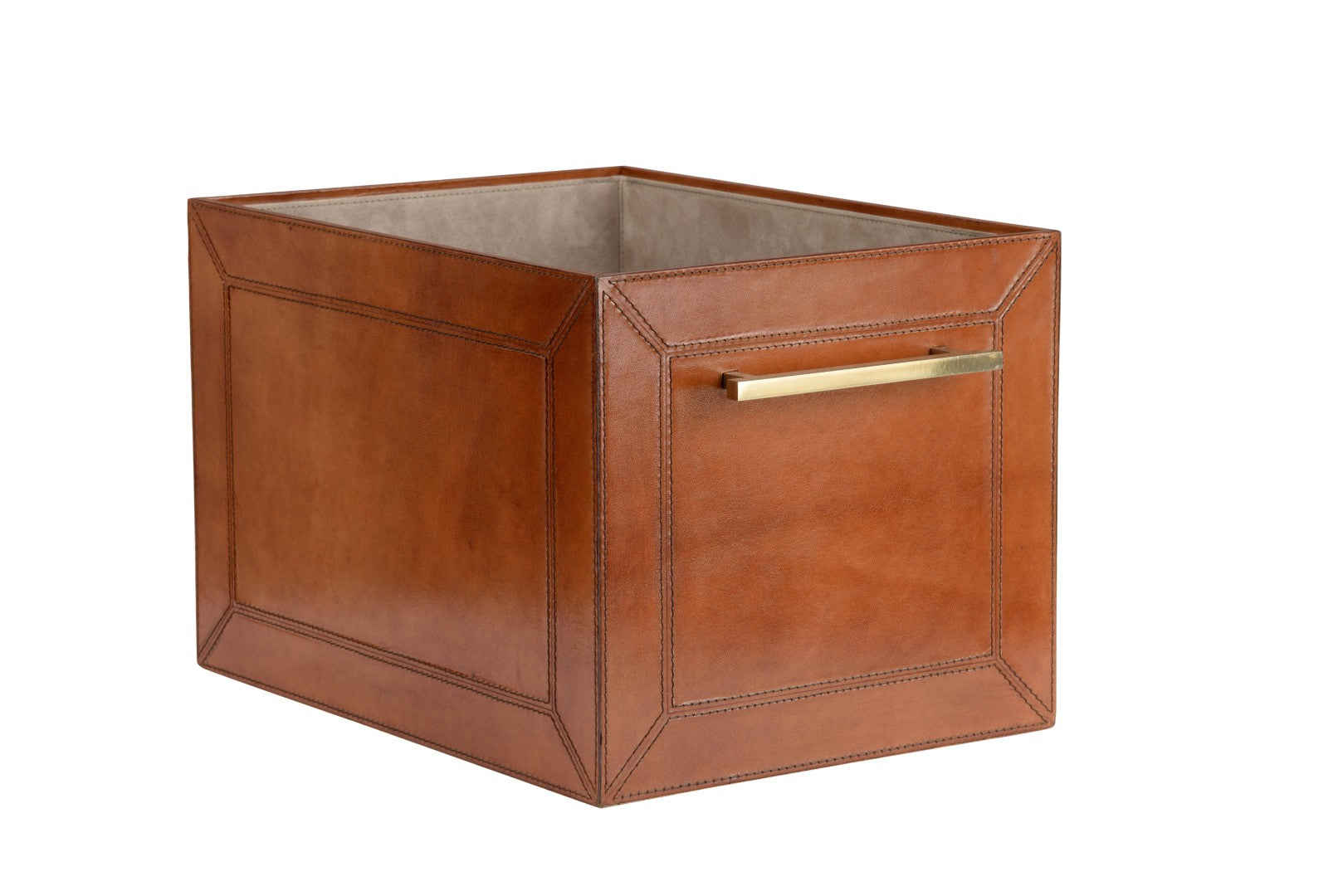 Leather Cognac Storage Cube With Pistachio Suede Lining, Gold Handles
