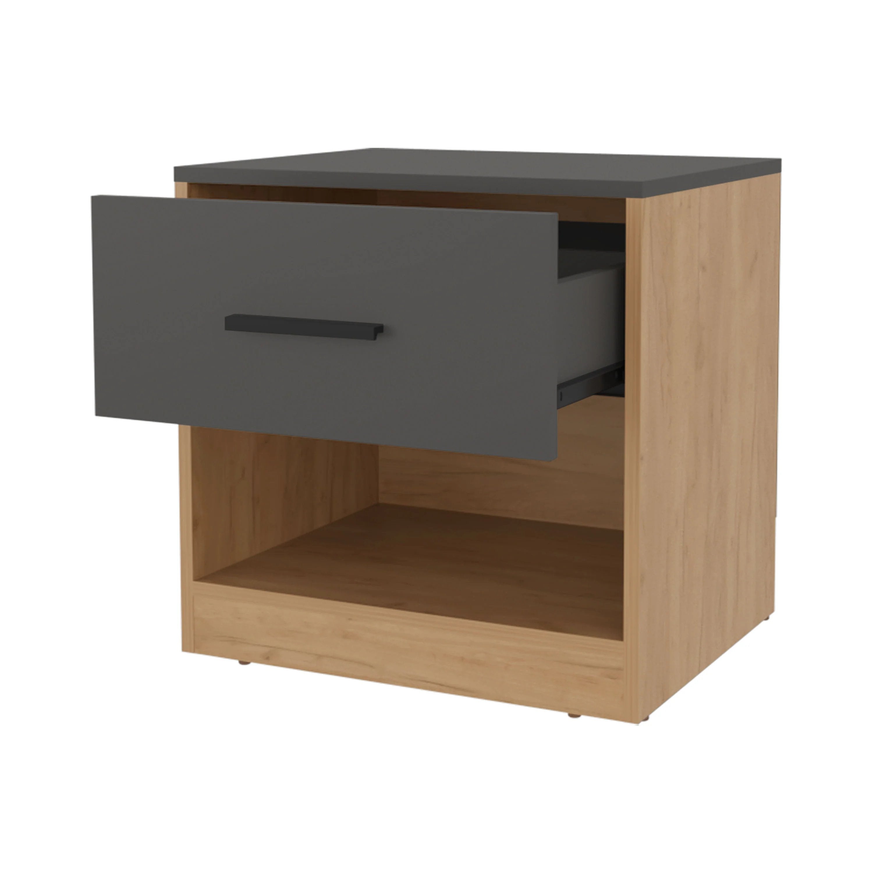 Natural Oak Modern Nightstand with Drawer and Open Shelf, Matt Grey Ac