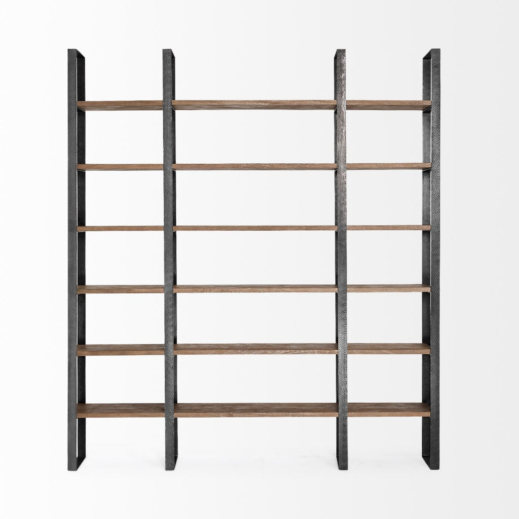 90" Brown Iron and Solid Wood Six Tier Bookcase - Stylish Storage Solu ...