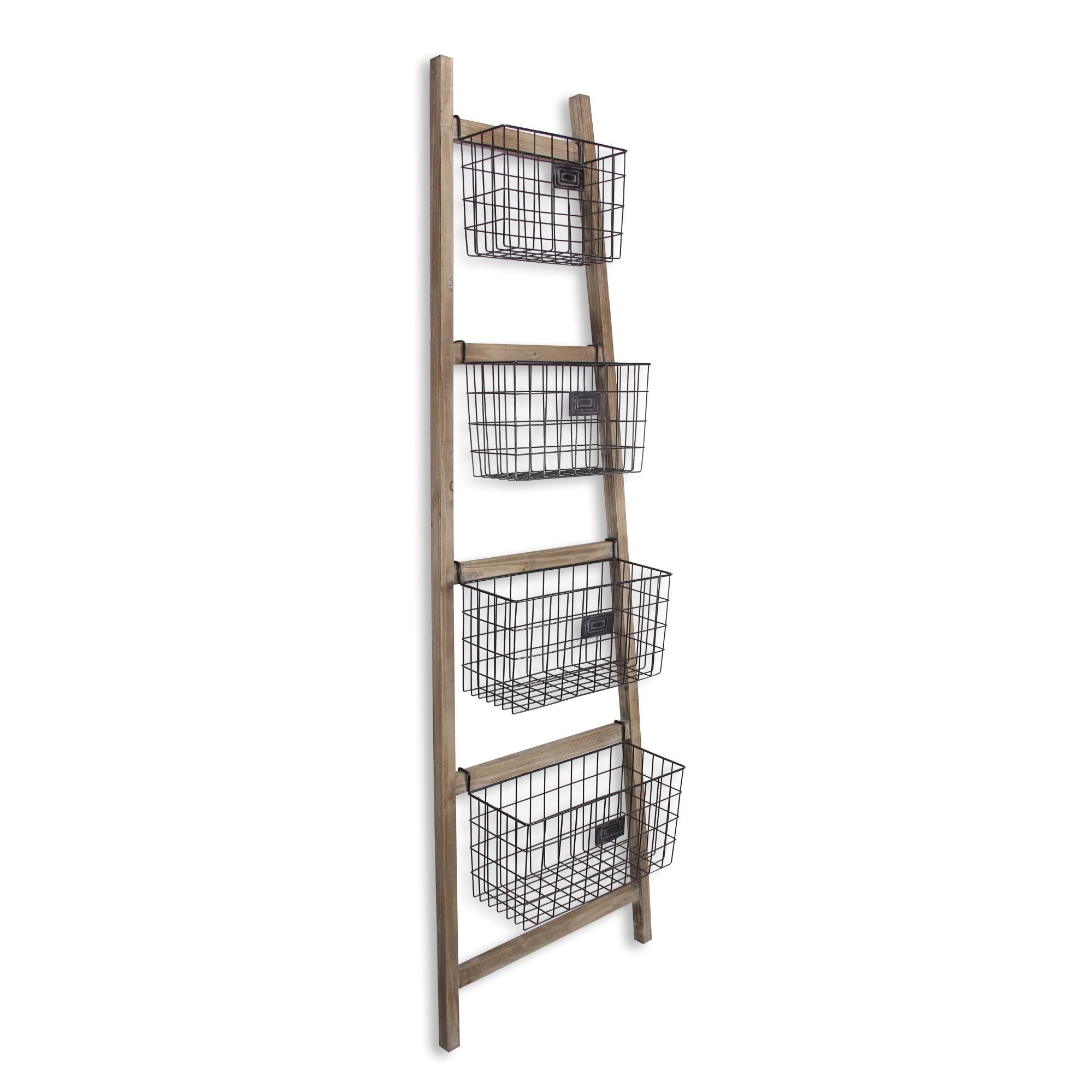 Wooden Ladder Storage Organizer with 4 Unique Baskets - Stylish & Func