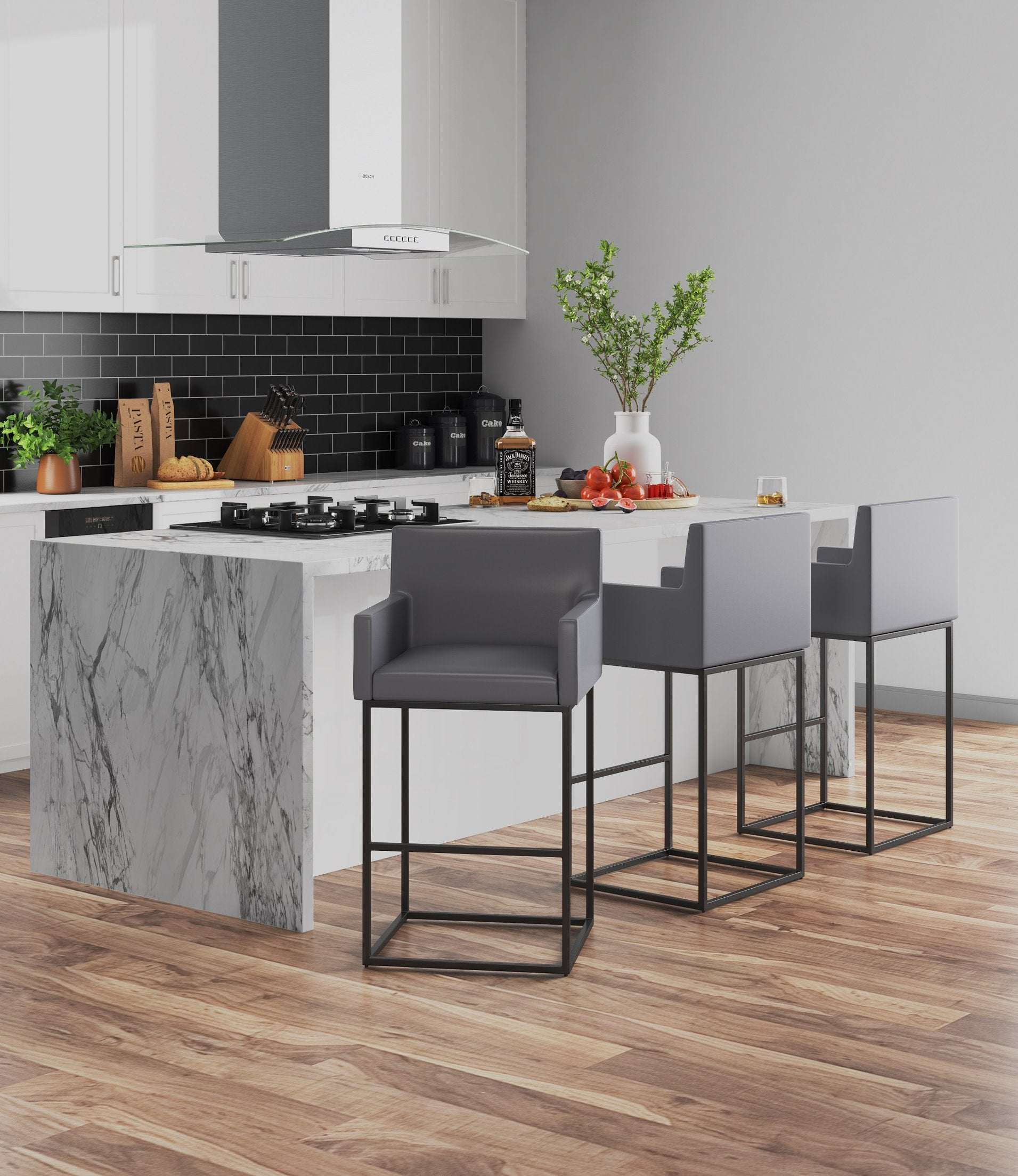 Ambassador Metal Upholstered Barstool Gray — Faux Leather Padded Seat,