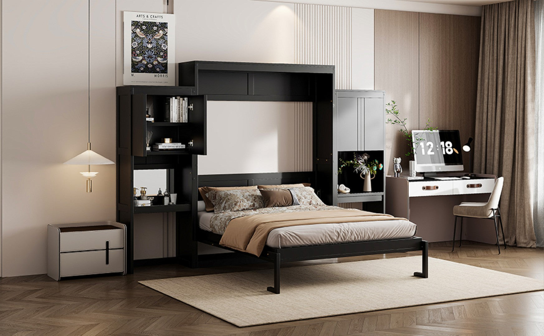 Queen Size Murphy Bed With Integrated Desk, Flip-Up Vanity & Storage C