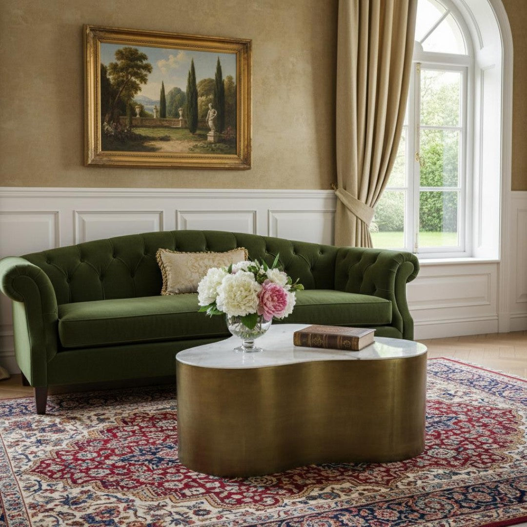 39" White Marble Free-Form Coffee Table with Brass-Iron Base – Stylish