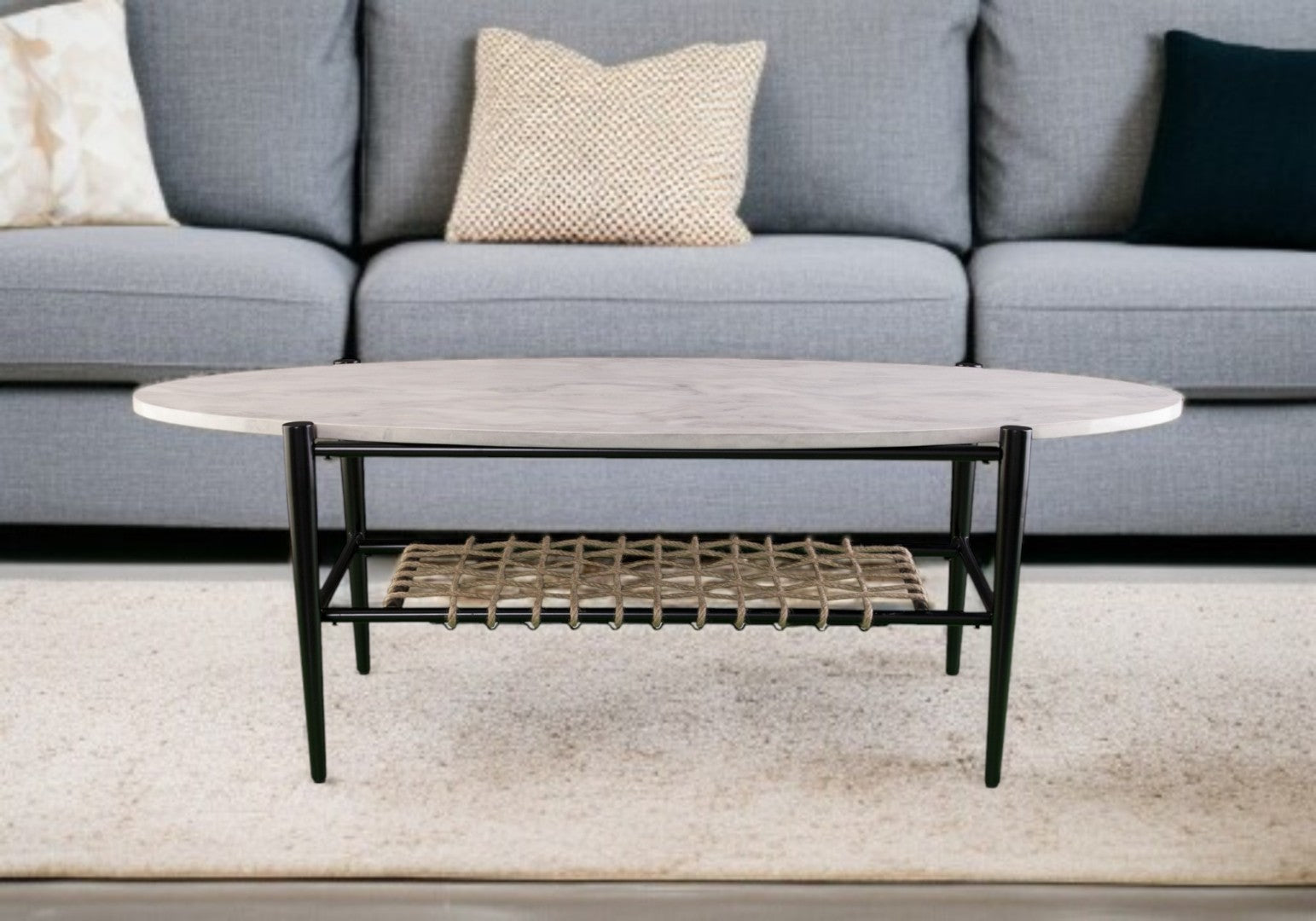 52" Black and White Oval Faux Marble Coffee Table with Boho Rope Shelf