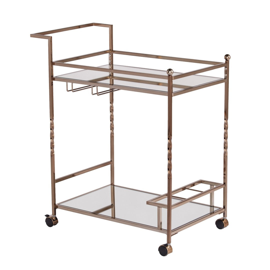 Champagne Metal Rolling Bar Cart with Mirrored Glass Top & Wine Storag