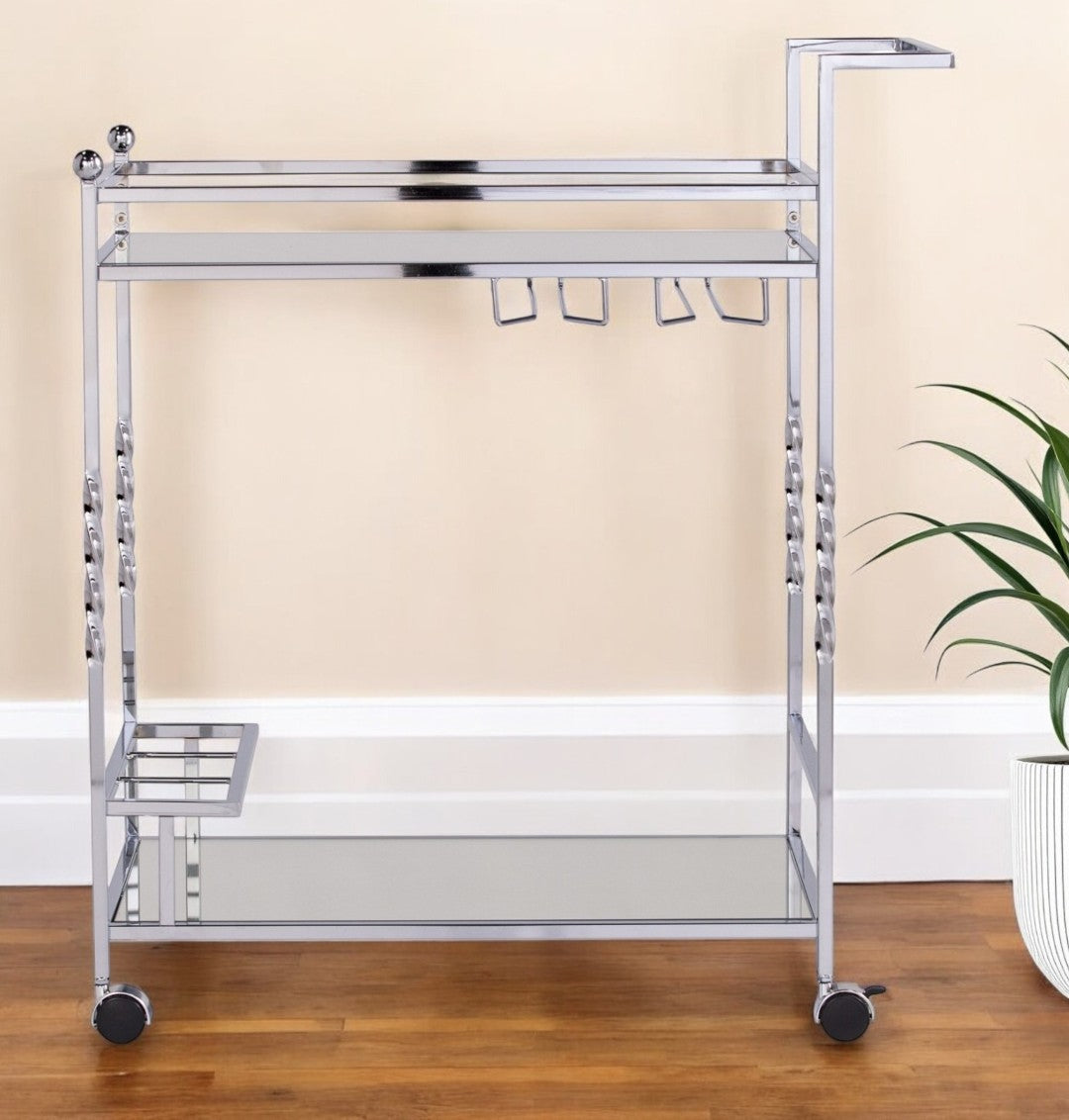 29" Silver Metal Rolling Bar Cart with Mirrored Glass Shelves, Wine St
