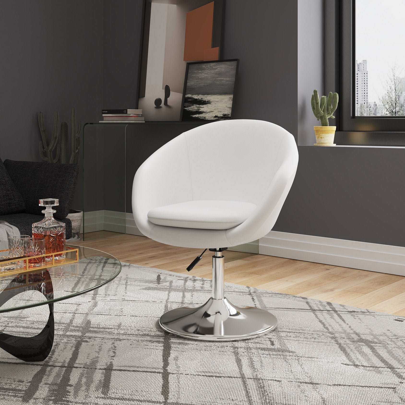 Hopper Swivel Lounge Chair with Adjustable Height and Polished Chrome