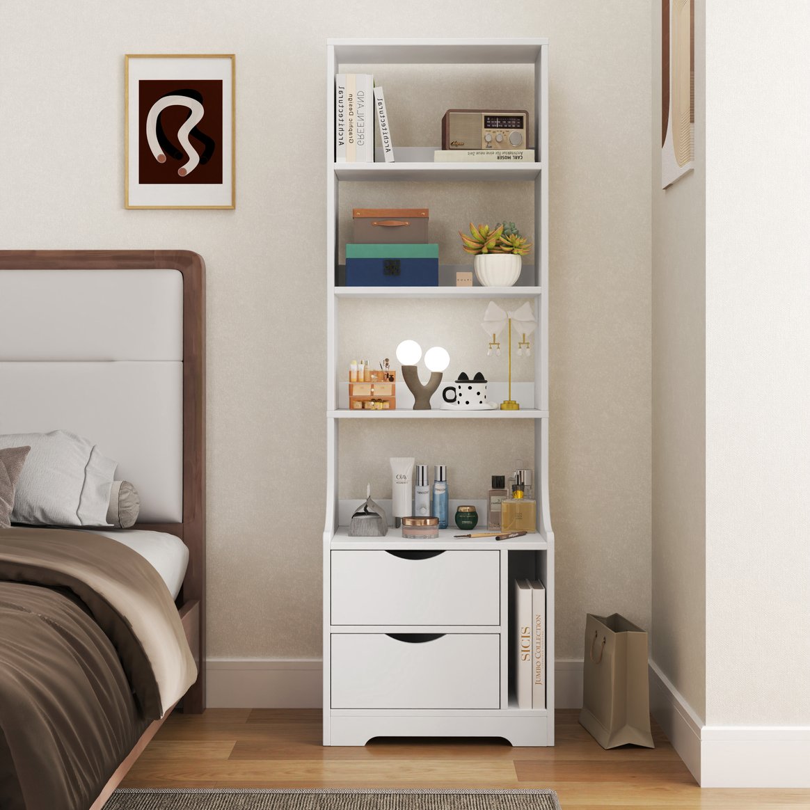 Night Stand with Bookshelf and 2 Drawers – Vertical Space-Saving Bedsi
