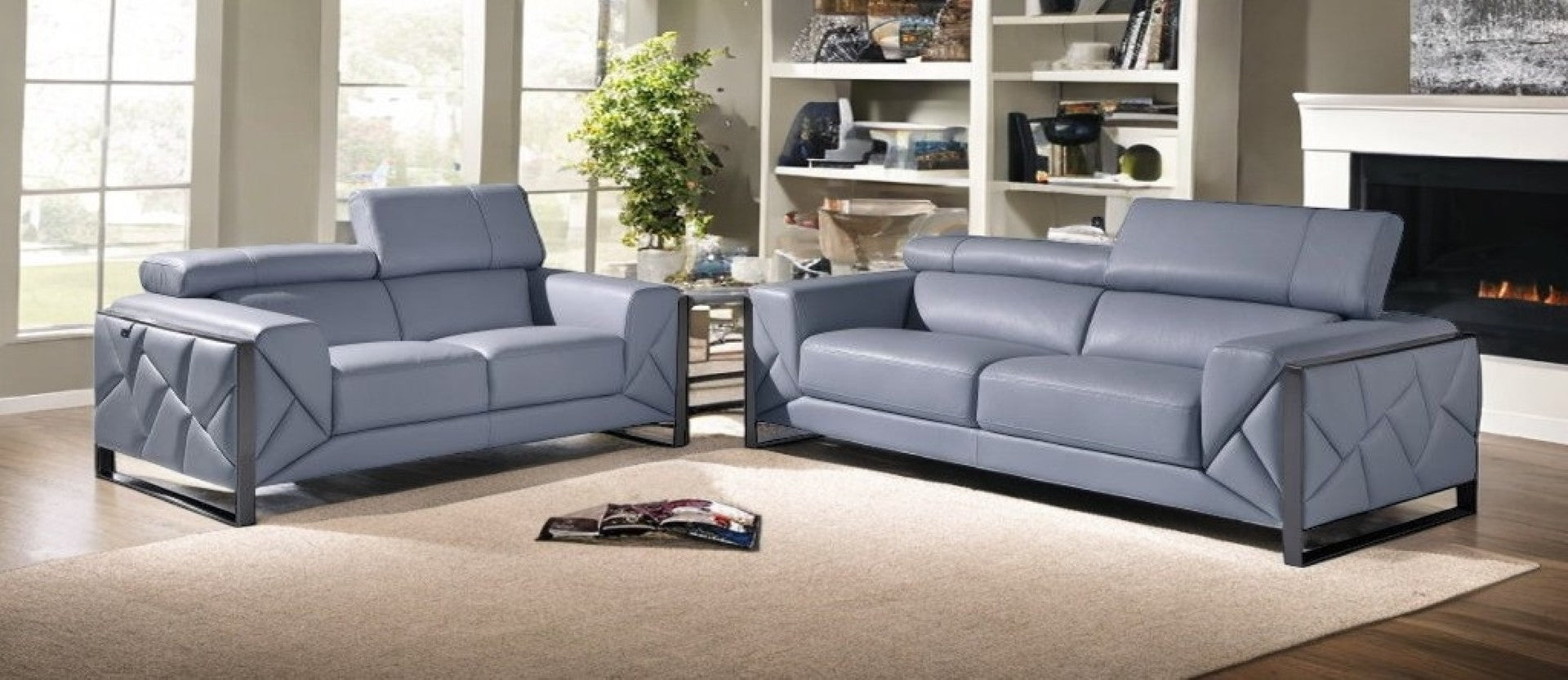 Two Piece Indoor Light Blue Italian Leather Seating Set for Five - Lux