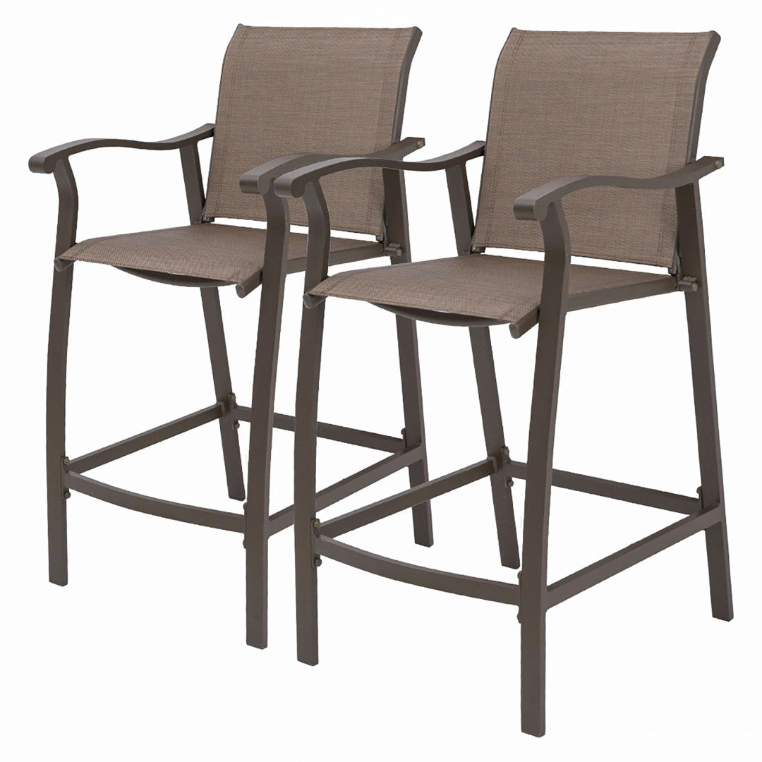 Set of Two Brown Aluminum Outdoor Bar Chairs with Footrest for Patios,
