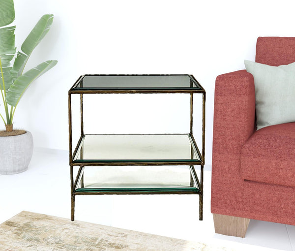 20" Stylish Bronze and Clear Glass Iron Square End Table with Dual She ...