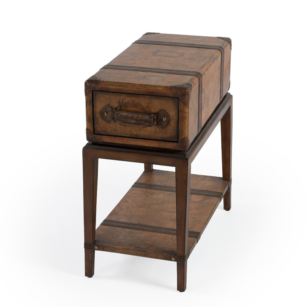 24" Brown Old World Map End Table with Drawer & Shelf - Rustic Design