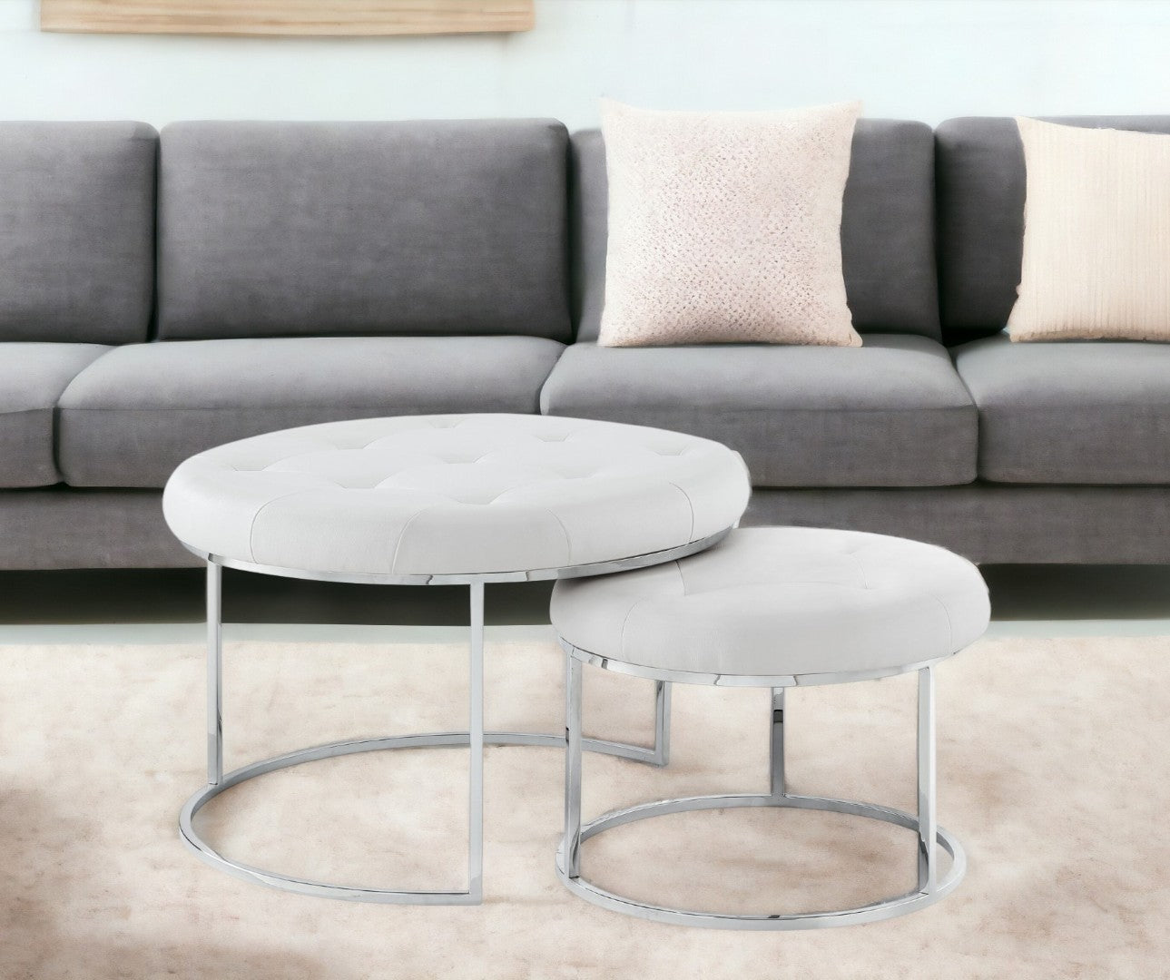 Elegant Round Ottomans Set of 2 – Stylish Gray Faux Leather with Silve