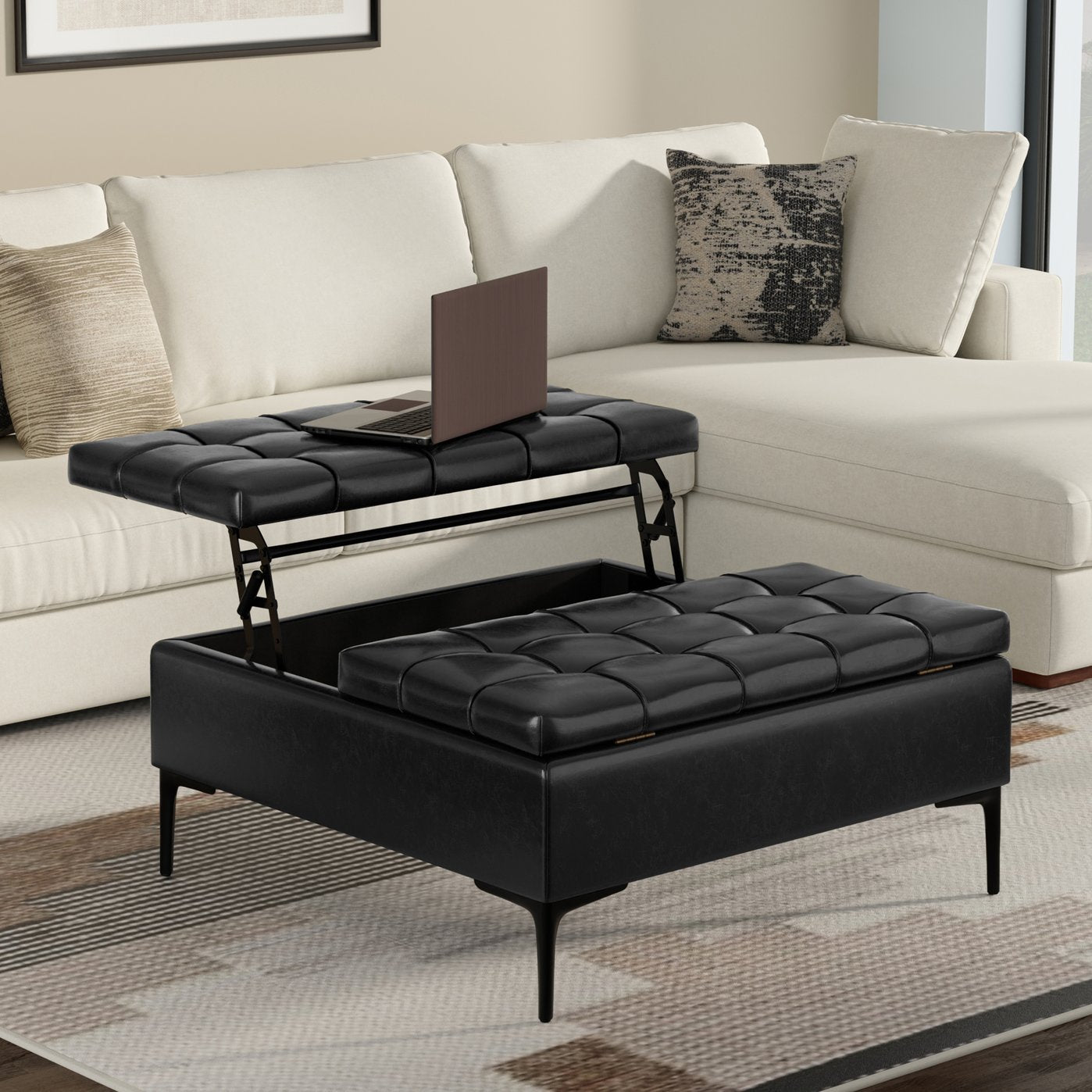 Laura Lift Top Storage Ottoman With Tufted Vegan Leather, Split Lift-T