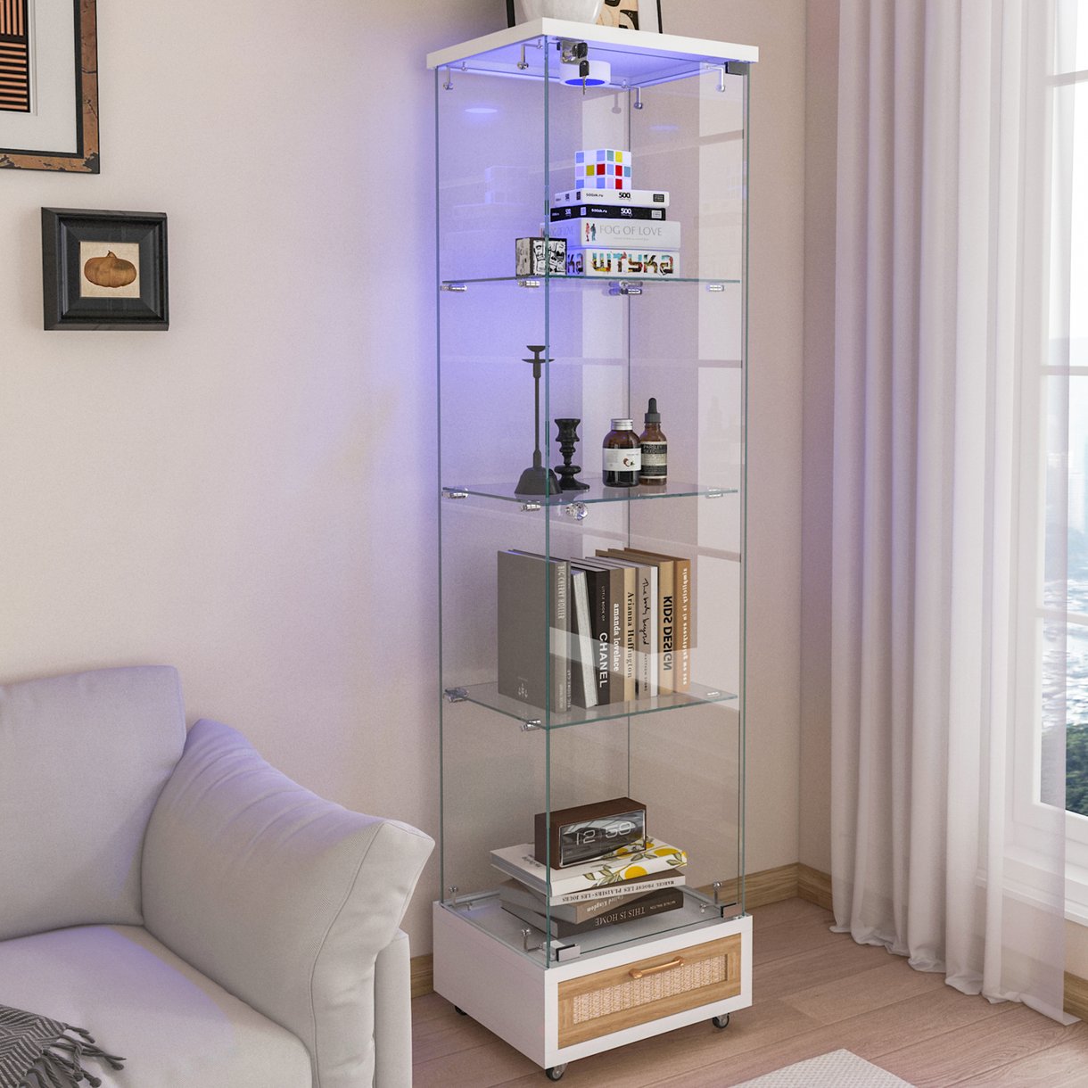 Modern Glass Display Cabinet With Drawer - Stylish Led-Illuminated Sto