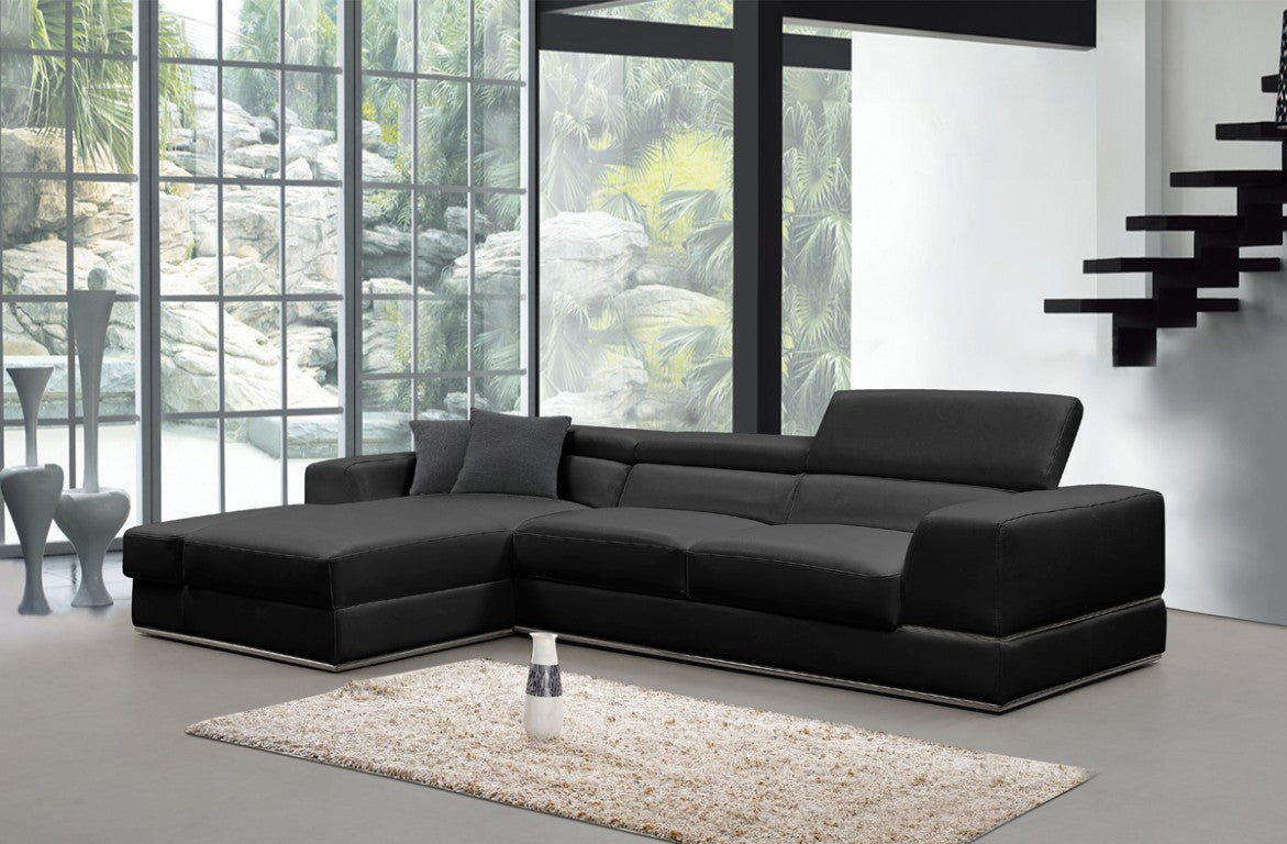 Pella Modern Leather Left-Facing Sectional Chaise With Adjustable Head
