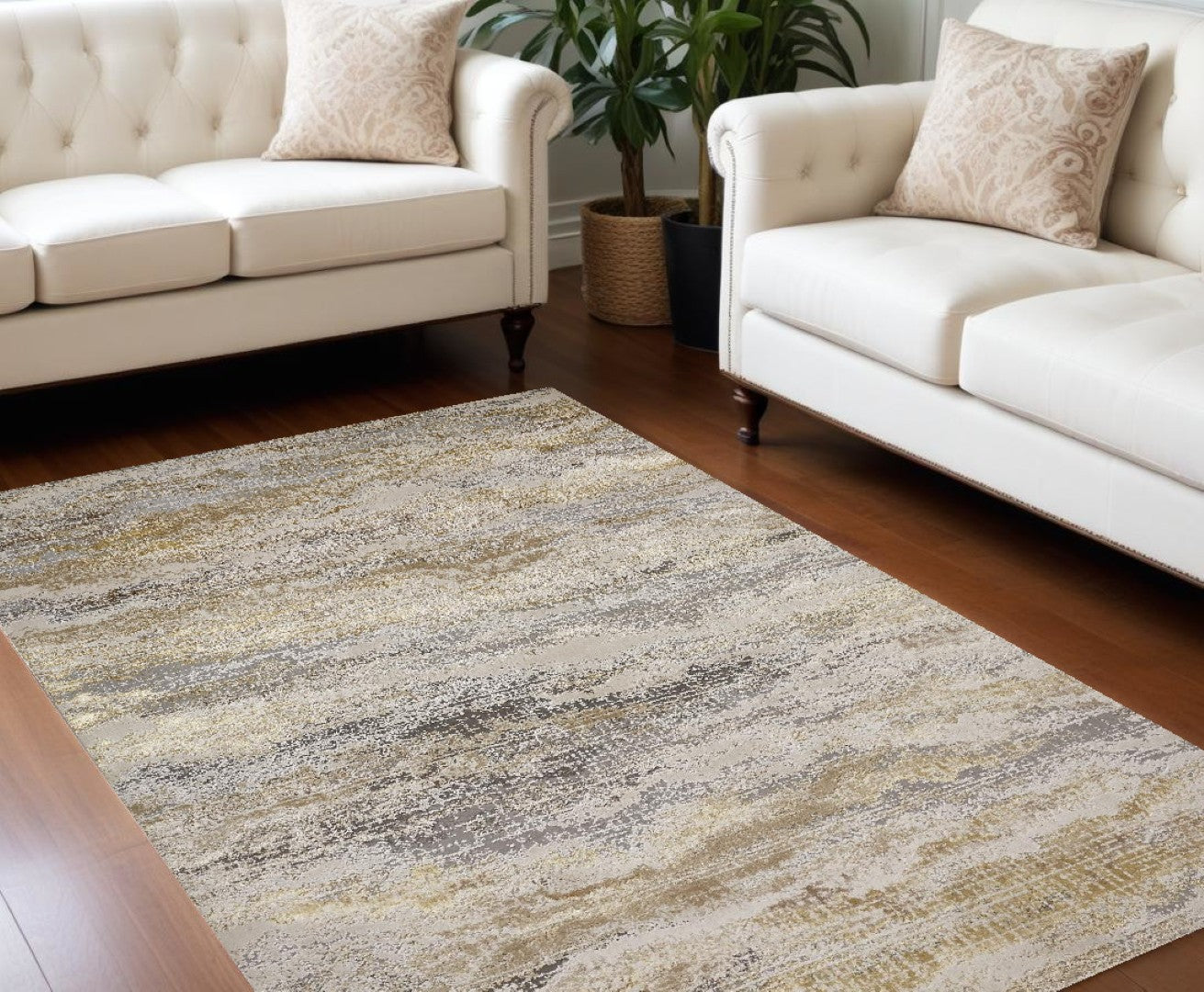 Abstract Non-Skid Area Rug in Gray and Ivory - Stylish Rectangle Desig
