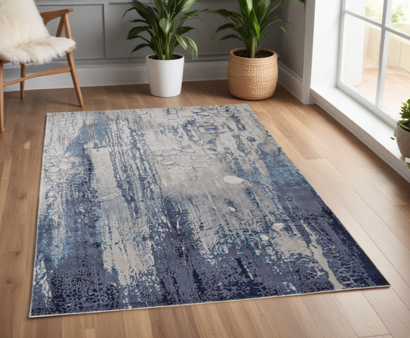 Elegant Ivory and Blue Abstract Area Rug - Non-Skid, Distressed Design