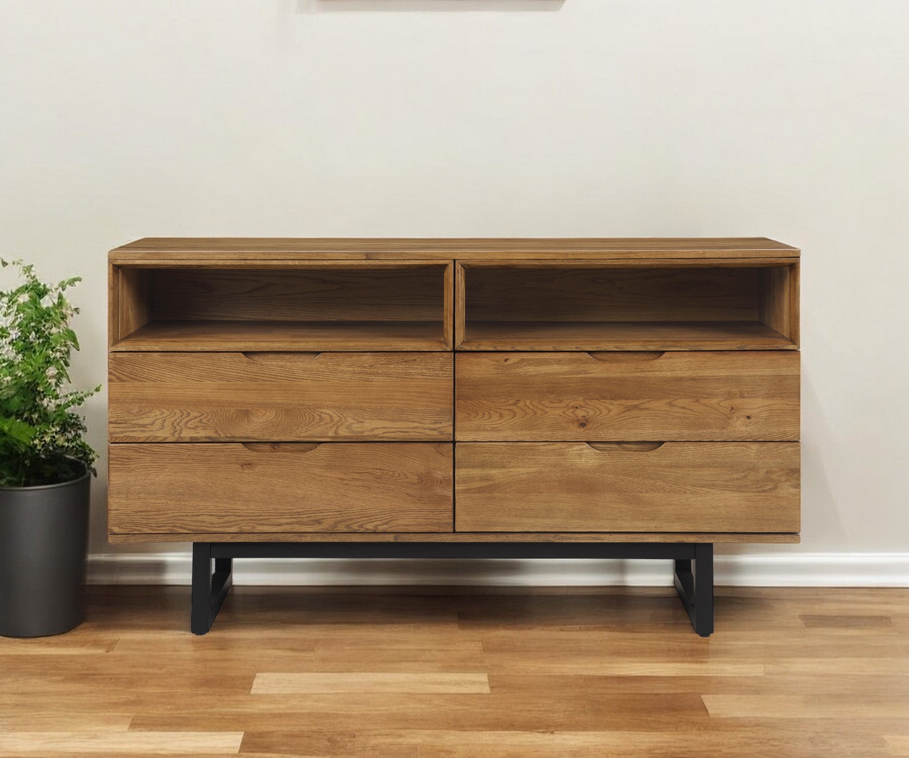 59" Brown Solid Wood Double Dresser with Four Easy-Open Drawers & Mode