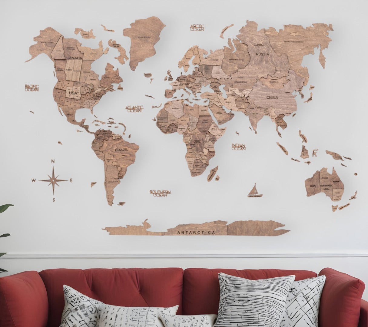 47" Handcrafted Wood World Map Sculpture - Dimensional Wall Art for Tr