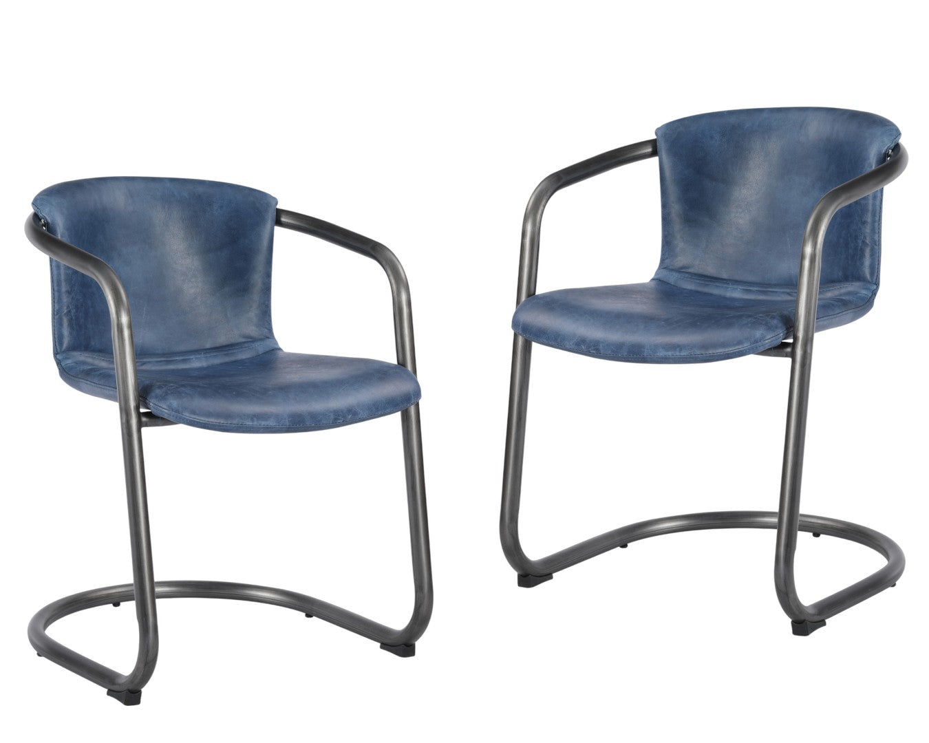 Set of Two Stylish Blue Leather and Black Iron Dining Arm Chairs for M