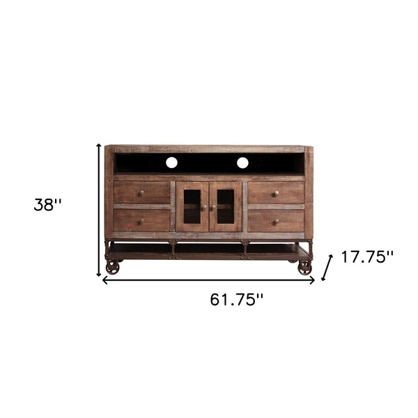 62" Brown Solid Wood Cabinet - Stylish Distressed TV Stand with Open S ...