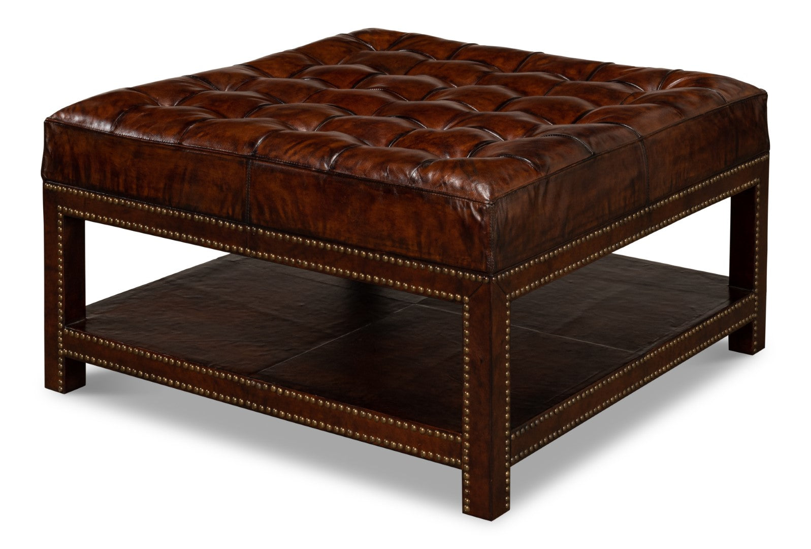 Vintage Tufted Ottoman - Exquisite Old Brown Leather with Brass Tacks