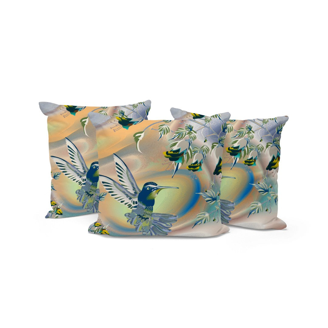 Set of Three Vibrant Yellow-Orange Bird Floral Throw Pillows for Indoo
