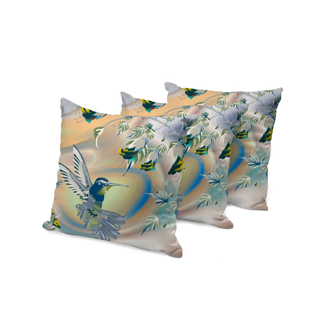 Set of Three Vibrant Yellow-Orange Bird Floral Throw Pillows for Indoo