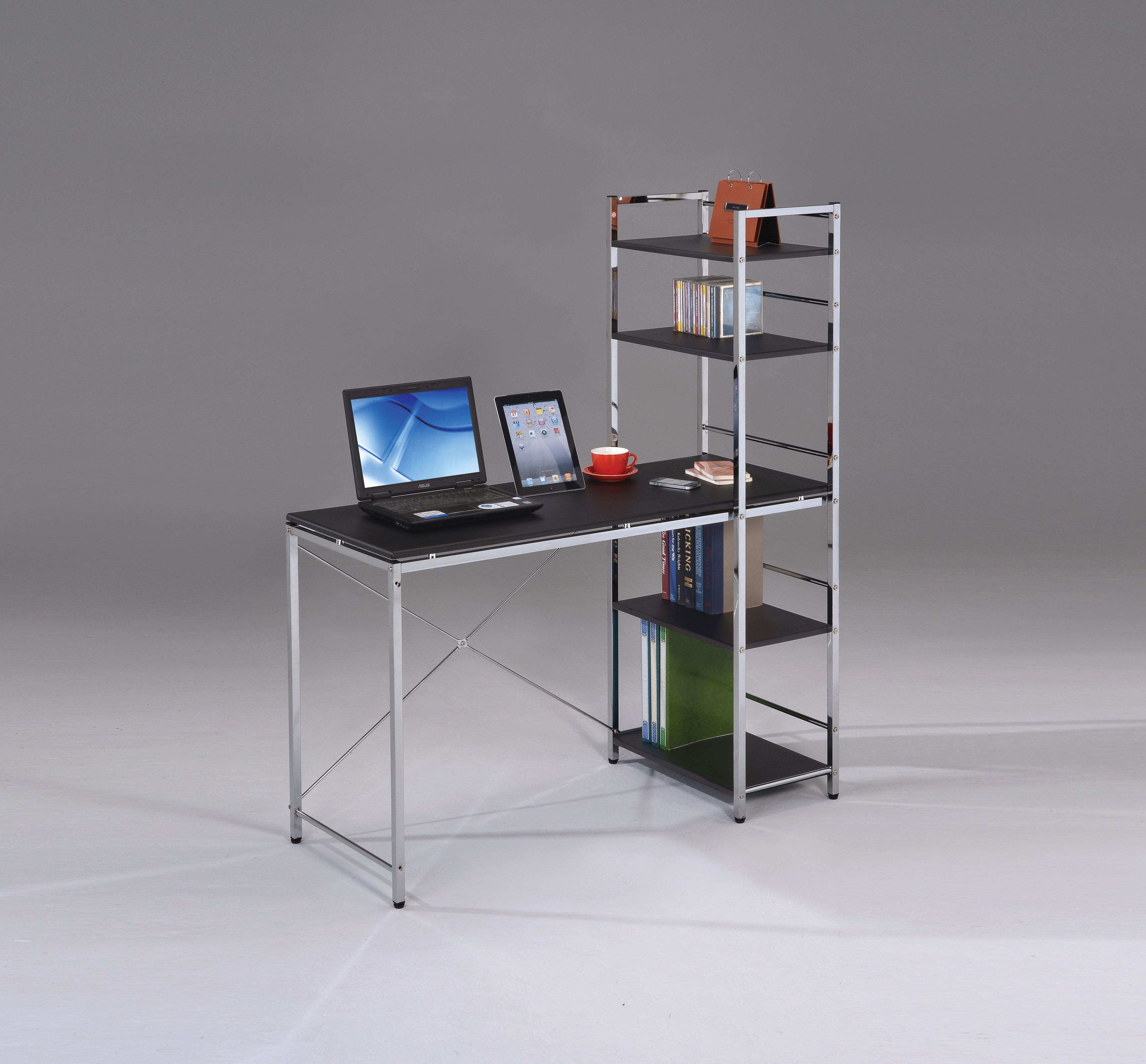 Black Black And Chrome Writing Desk With 4 Shelves, Steel Pipe Frame,