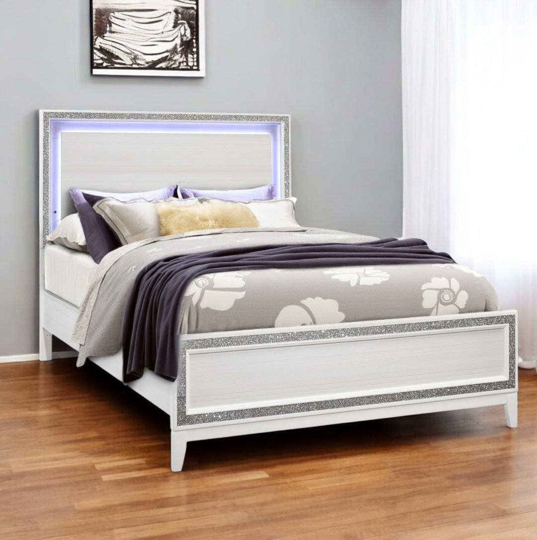 White Faux Crystal Bling Queen Bed Frame with LED Lighting & Glamorous
