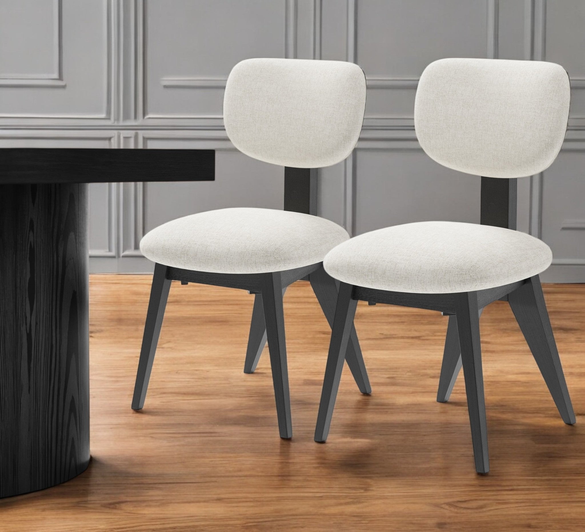 Set of Two Stylish Beige and Black Upholstered Open Back Dining Chairs