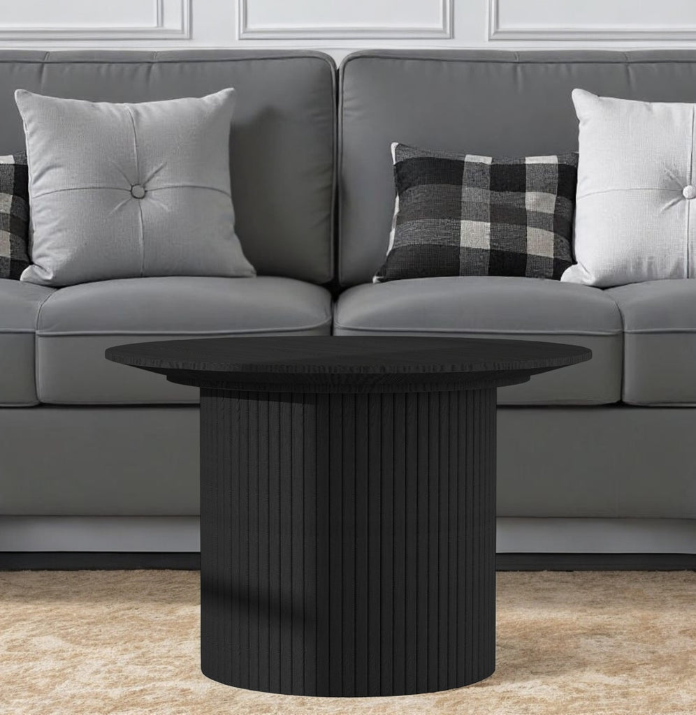 Stylish 35" Black Wood Round Pedestal Coffee Table with Ribbed Base ...