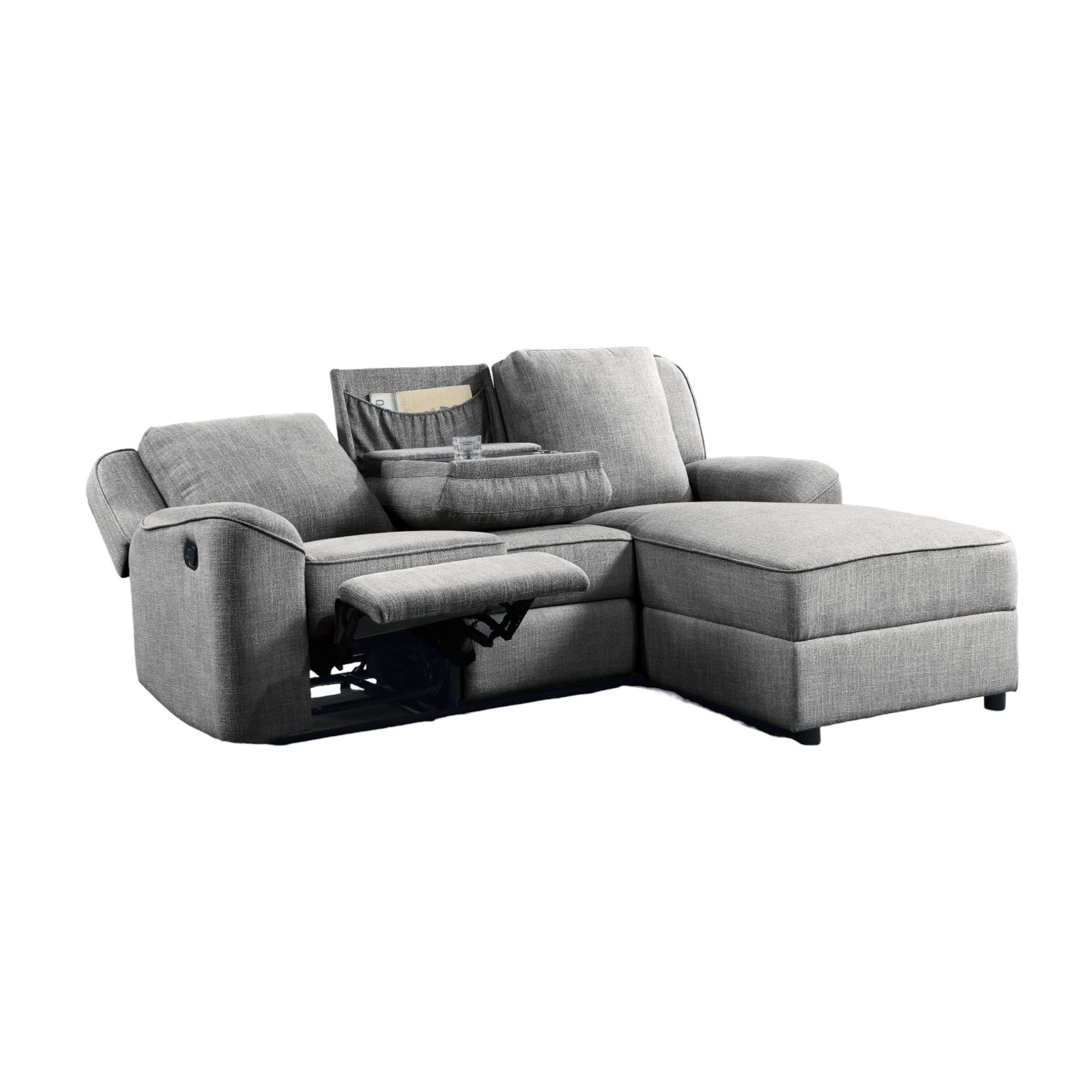 Destiny Gray Linen Sectional Sofa With Built-In Dropdown Table, Durabl