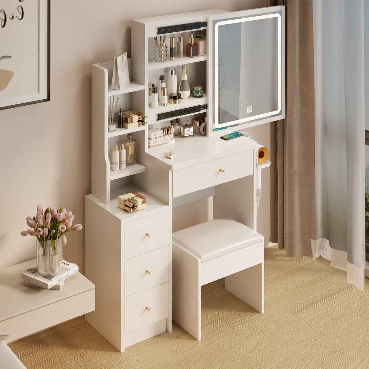 29.2" Compact Bedside Vanity Set With Sliding Led Mirror, Power Ports,