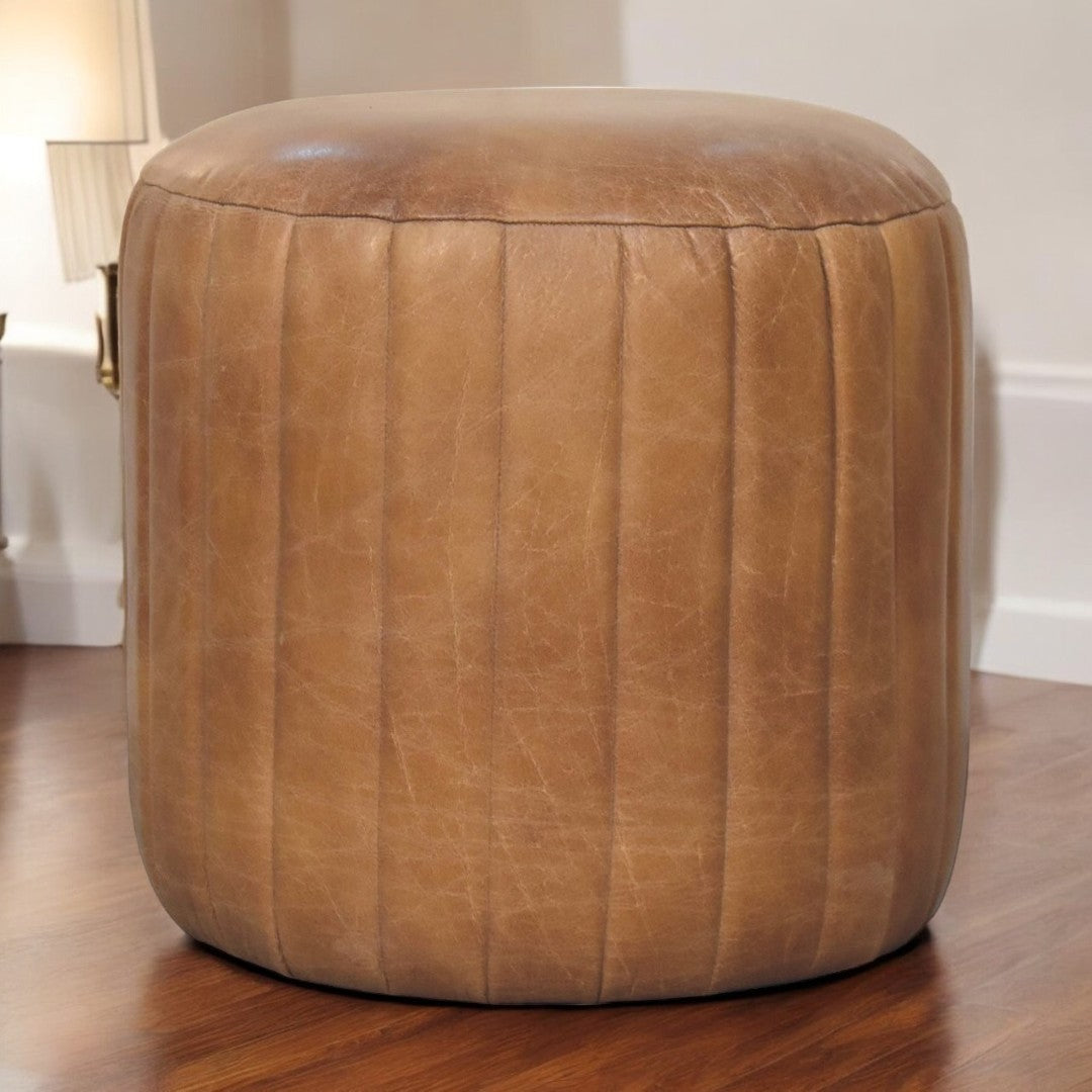Solid Wood Buffalo Leather Boucle Footstool - Chic, Handcrafted Accent