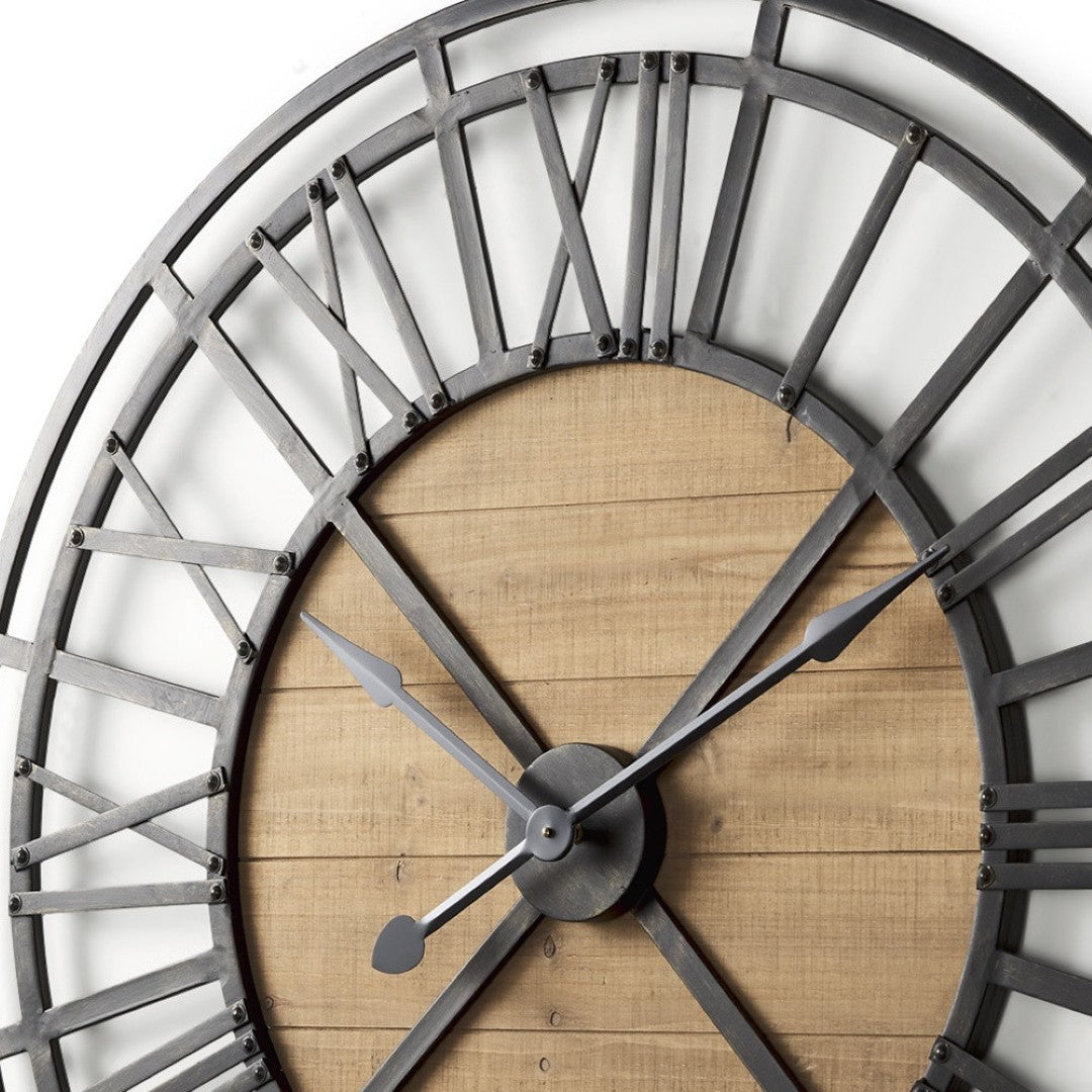 42" Oversized Industrial Wall Clock - Vintage Iron Frame & Natural Woo