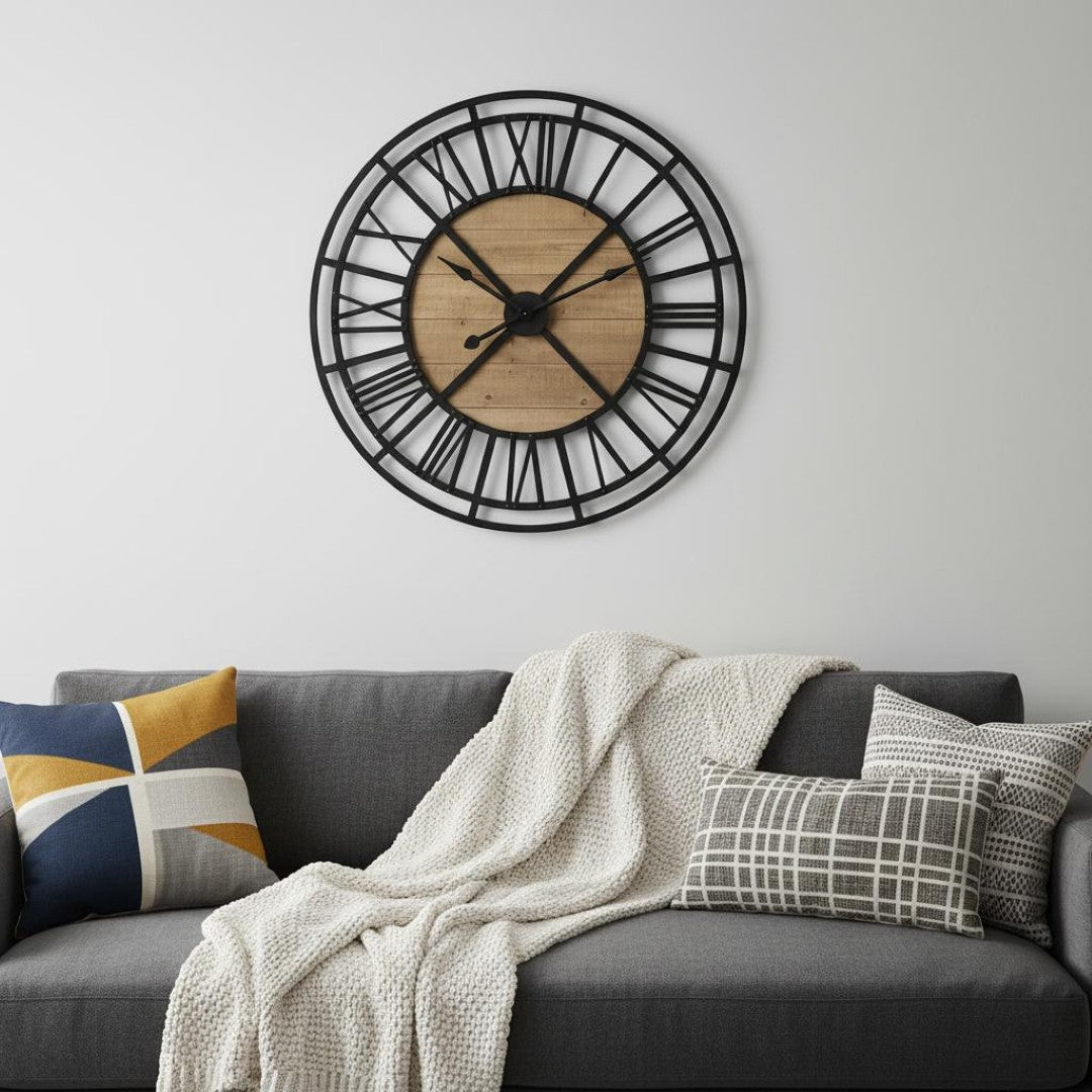 42" Oversized Industrial Wall Clock - Vintage Iron Frame & Natural Woo