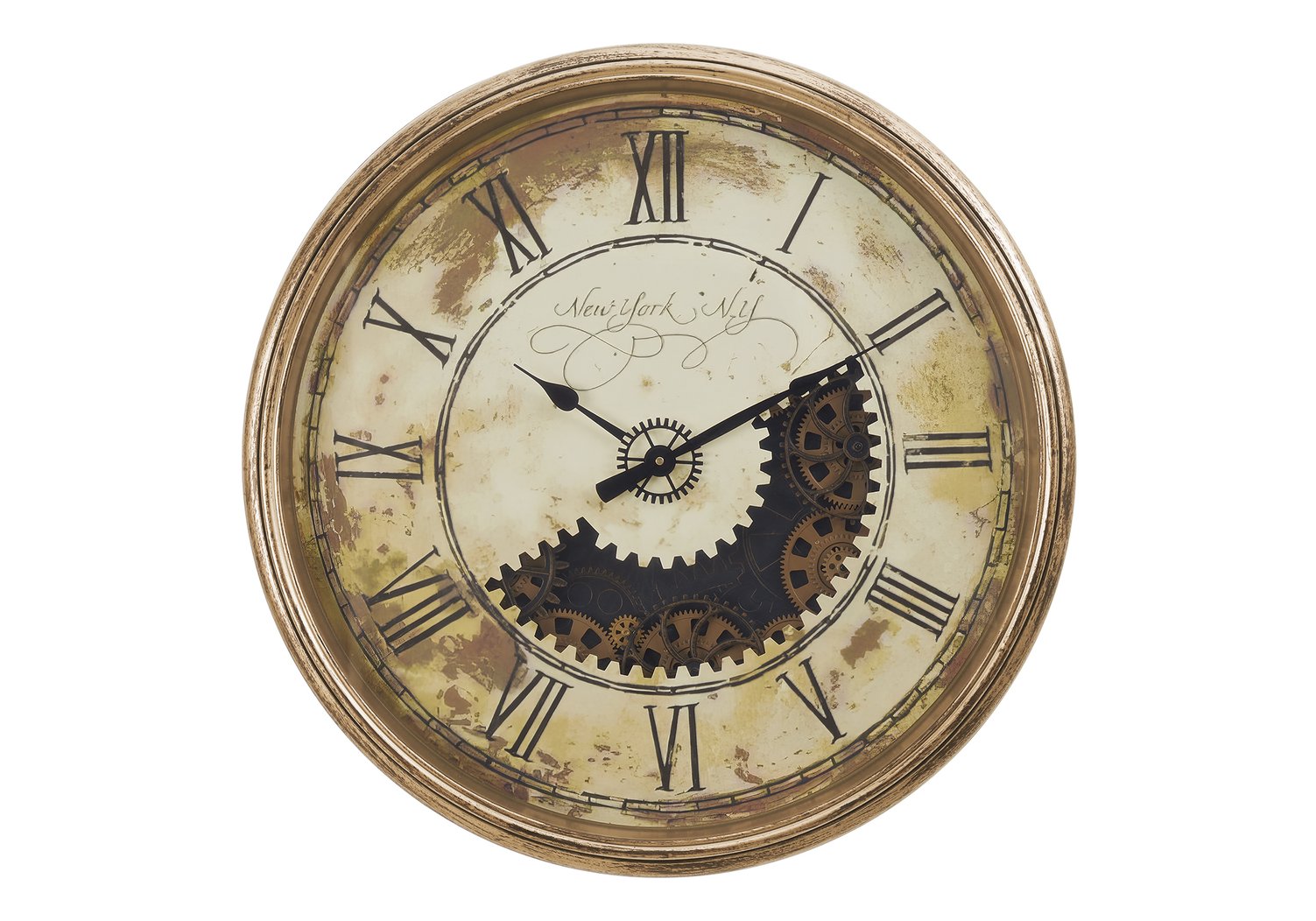 Clocks, 30" Round Antique Gold Wall Clock With Gear Mechanism - Vintag
