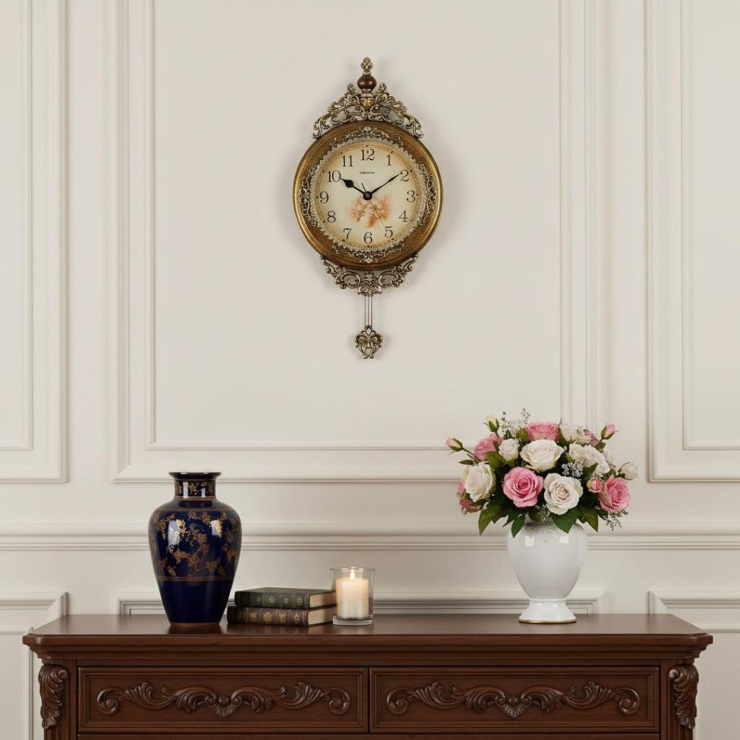 15" Elegant Gold & Silver Resin Wall Clock with Silent Pendulum - Time