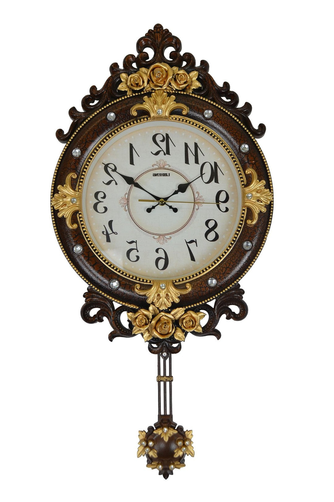 13" Elegant Brown Gold & White Resin Silent Pendulum Oval Wall Clock f