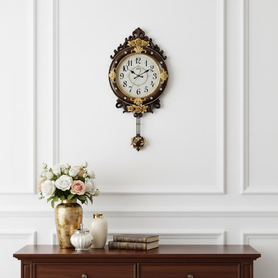 13" Elegant Brown Gold & White Resin Silent Pendulum Oval Wall Clock f